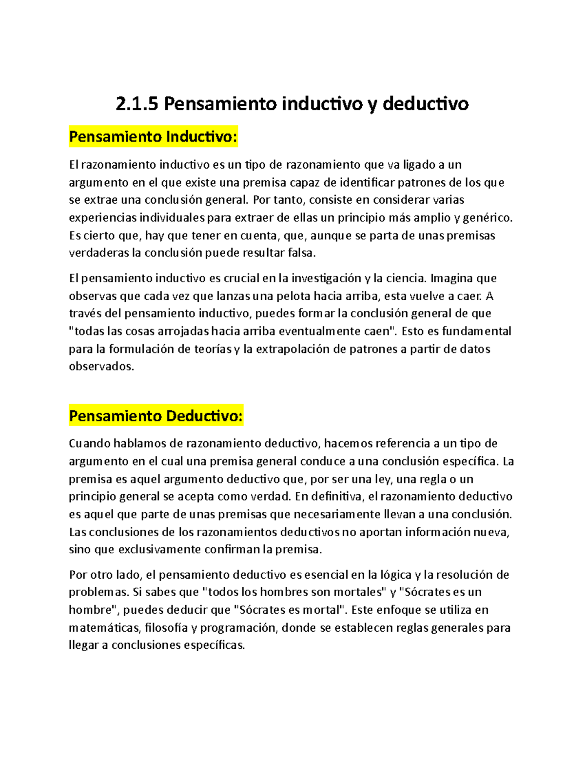 Tecnicas de estudio - 2.1 Pensamiento inductivo y deductivo Pensamiento Inductivo: El ...