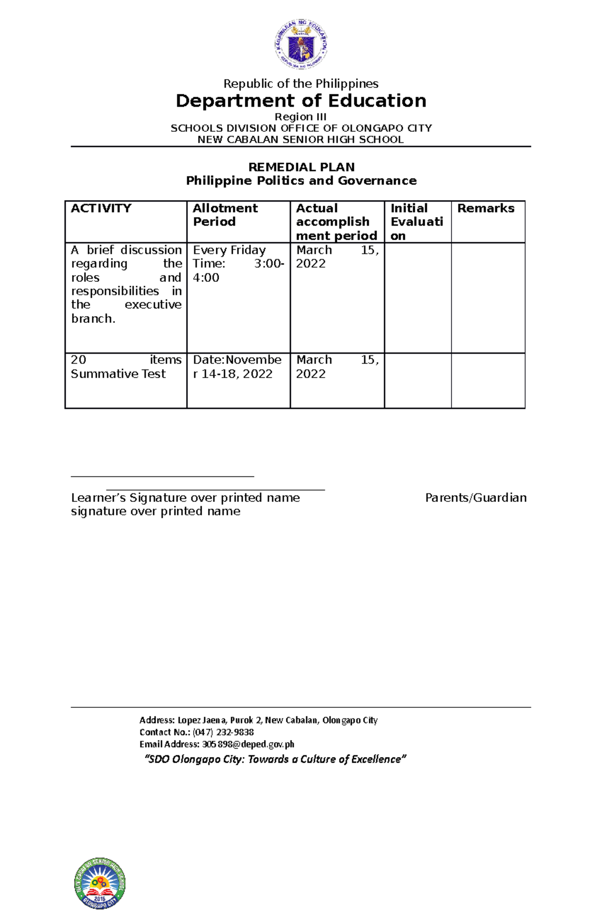 Remedial-Plan - remedial plan - Republic of the Philippines Department ...