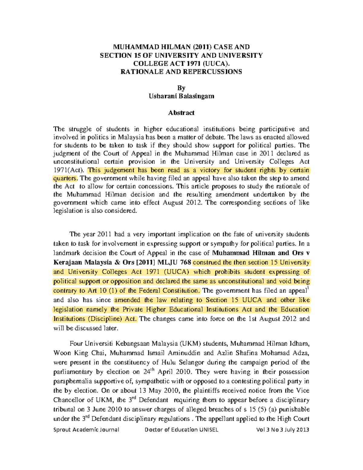 Muhd Hilman Idham v Krjn M’sia - MUHAMMAD HILMAN (2011) CASE AND ...