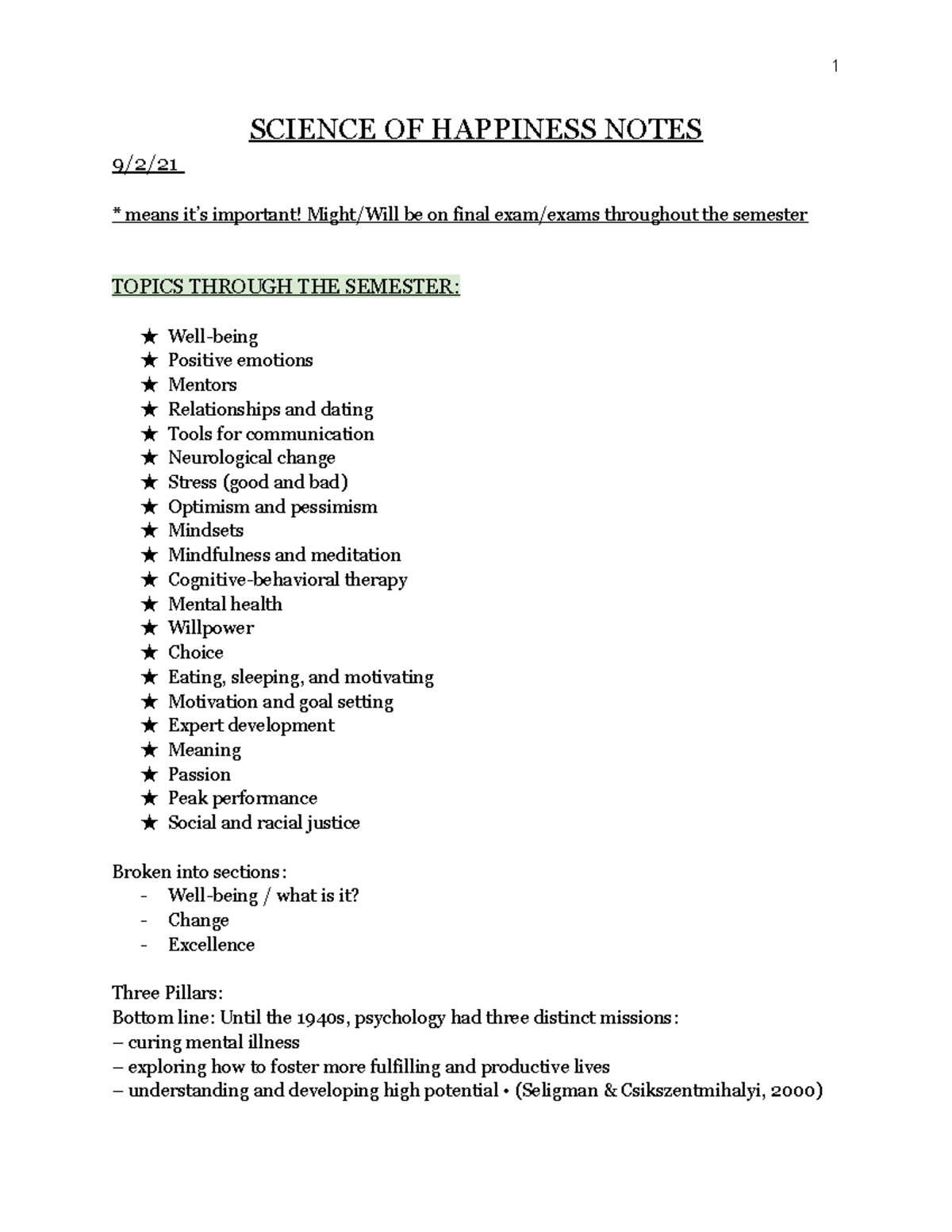 Science OF Happiness Notes - SCIENCE OF HAPPINESS NOTES 9/2/ means it’s ...