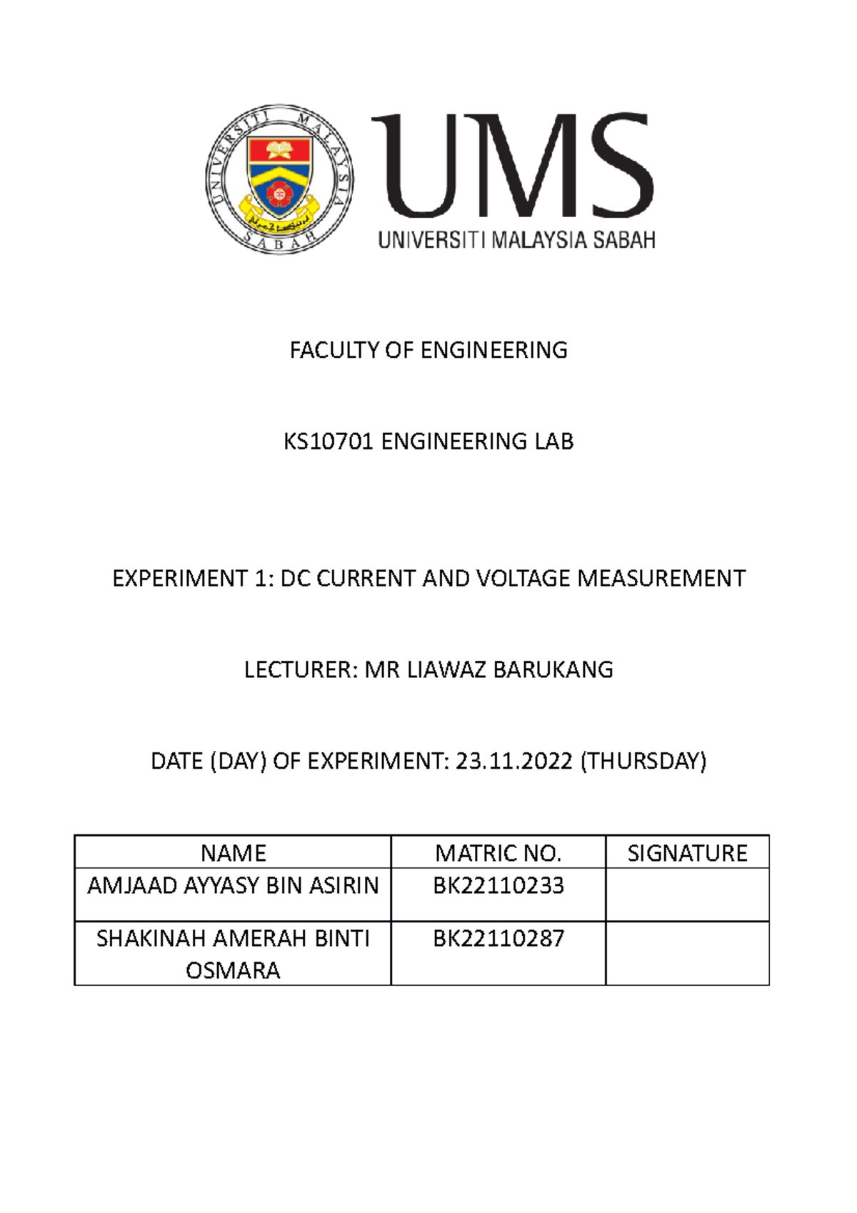 LAB Report 1 ( Workshop) - FACULTY OF ENGINEERING KS10701 ENGINEERING ...