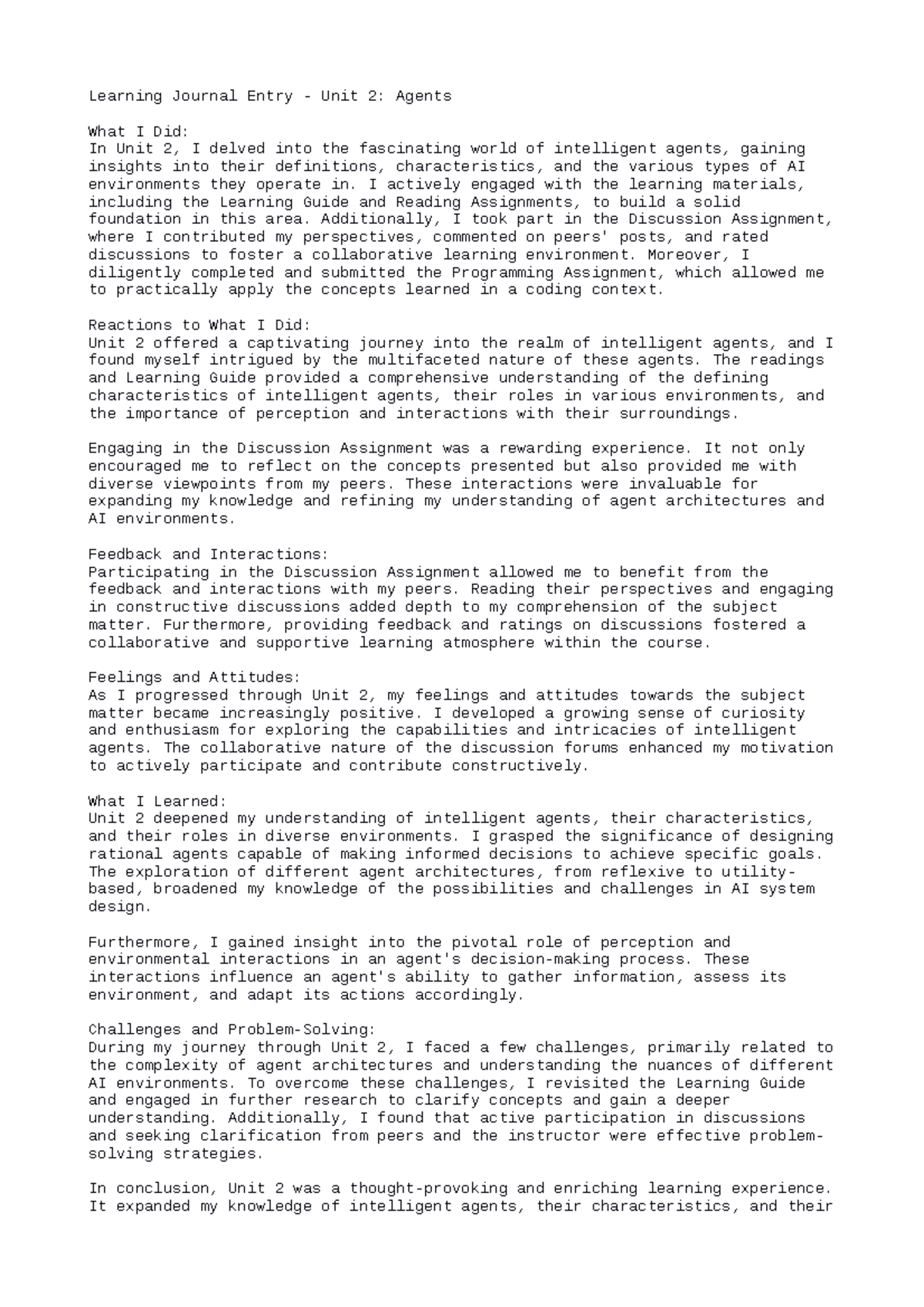 Lj - lecture notes - Learning Journal Entry - Unit 2: Agents What I Did ...
