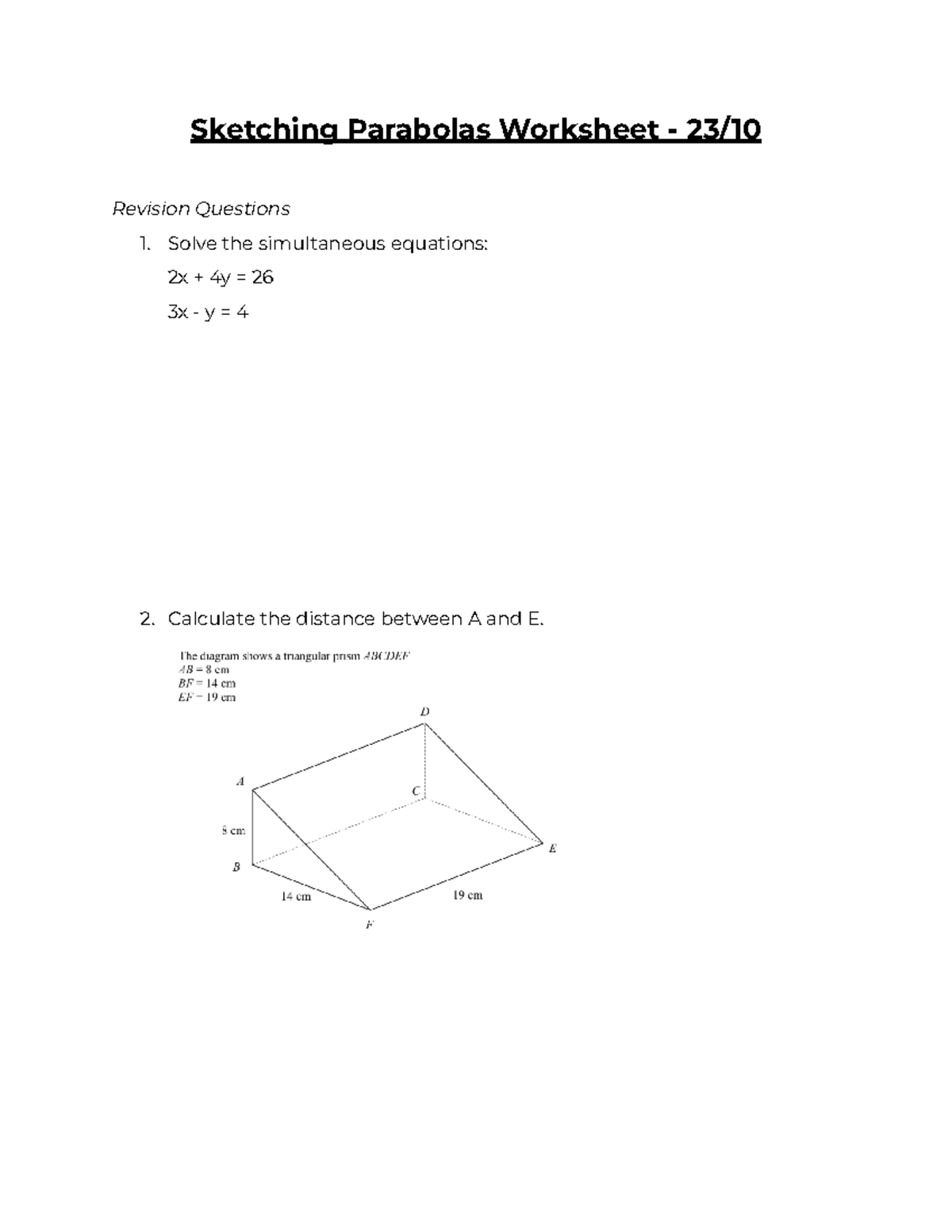 Maths Worksheet - Sketching Parabolas Worksheet - 23/ Revision ...