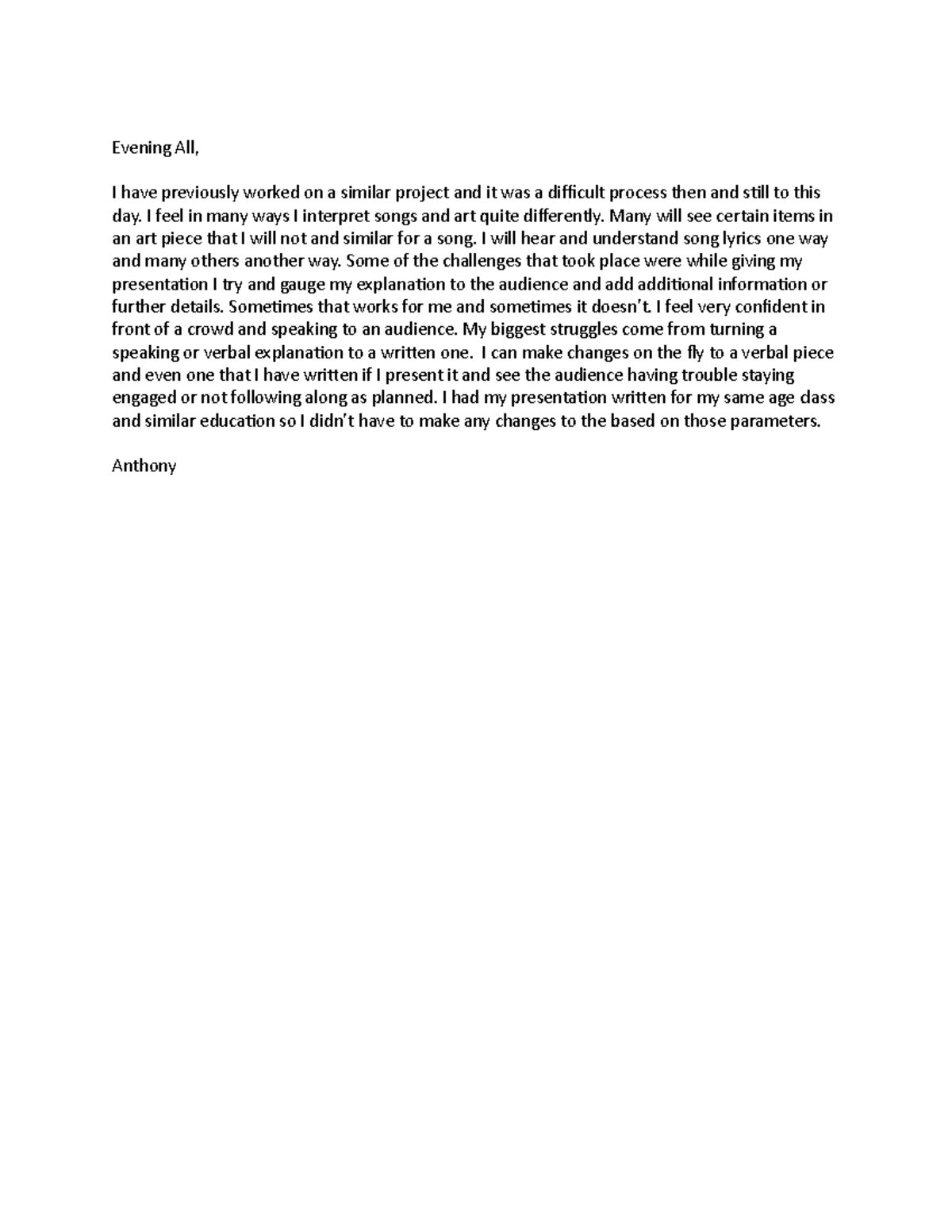 Hum 200 5-1 - discussion - Evening All, I have previously worked on a ...