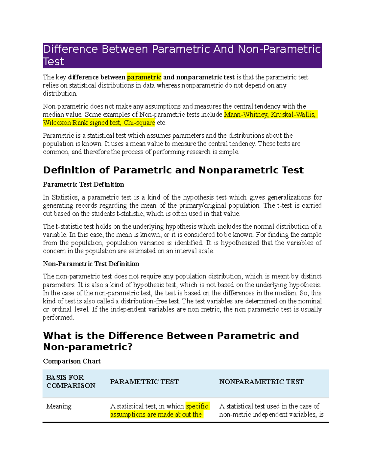 Non-Parametric Test - statistics - Difference Between Parametric And ...