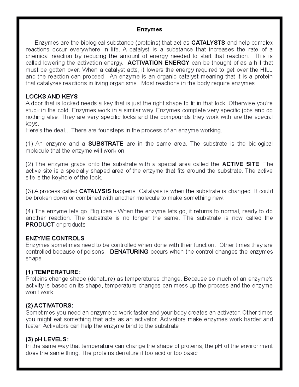 Enzymes Worksheet - Unit 2 Cells - Enzymes Enzymes are the biological ...