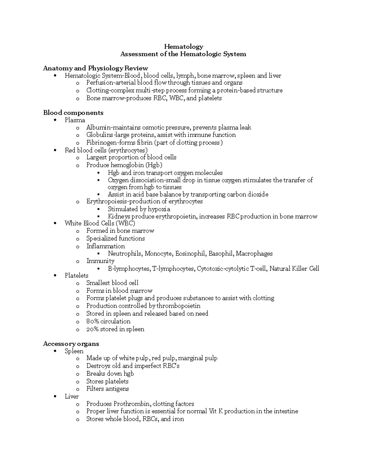 Hematology SG - Hematology Assessment of the Hematologic System Anatomy ...