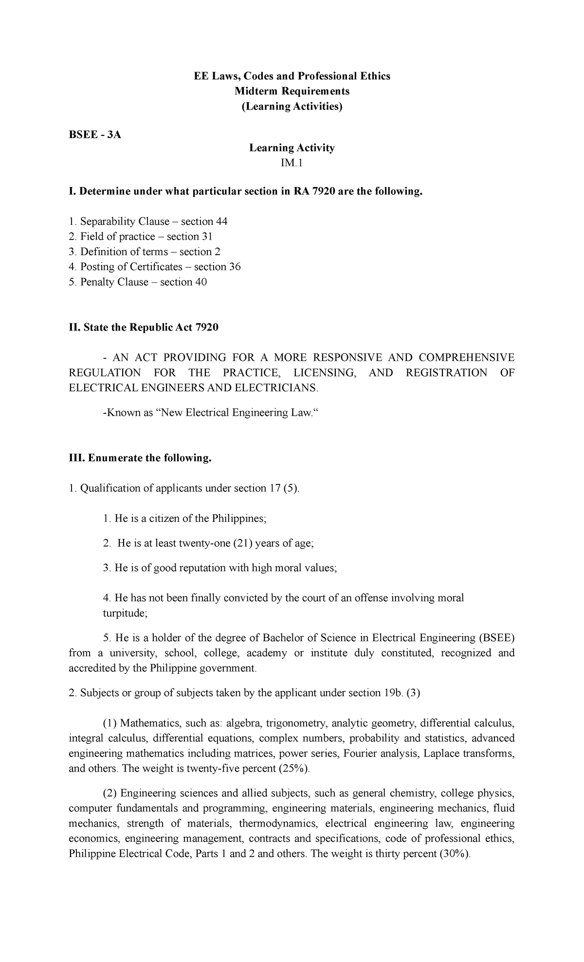 EE-Laws-1 - Activities - EE Laws, Codes and Professional Ethics Midterm ...
