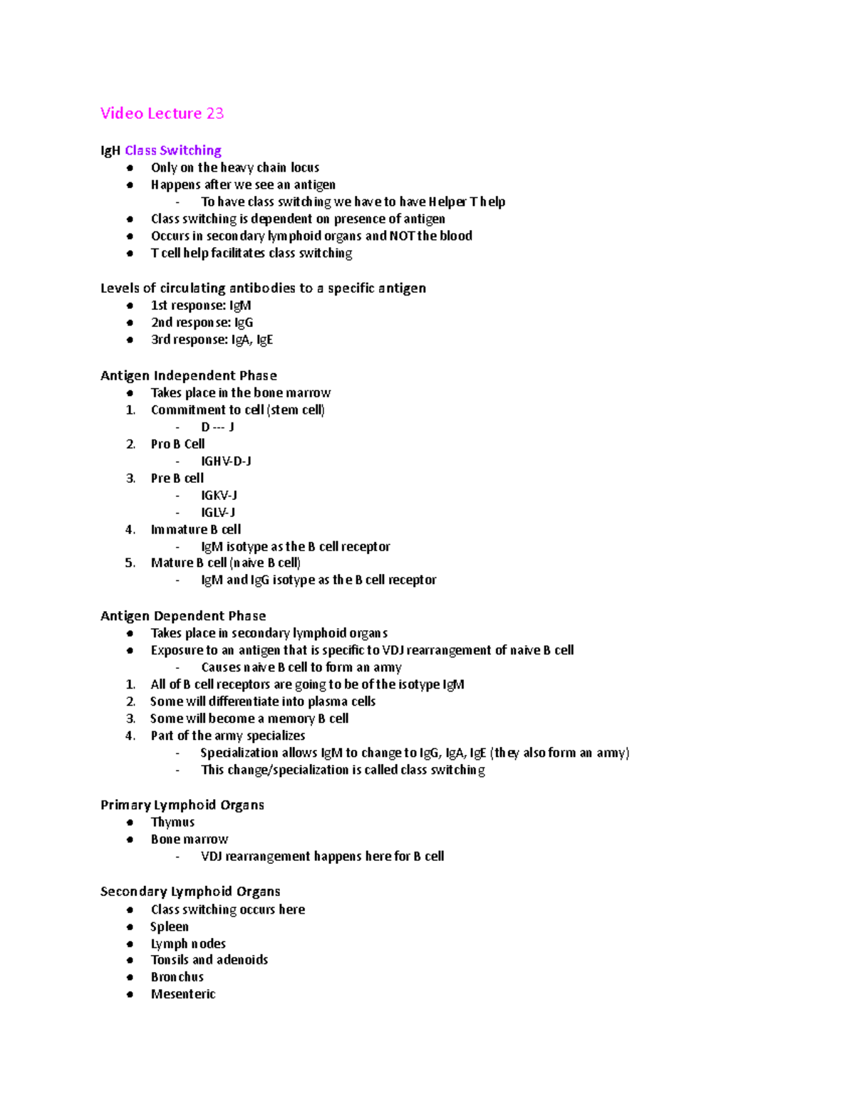 Immunology Notes - Video Lecture 23 IgH Class Switching Only on the ...
