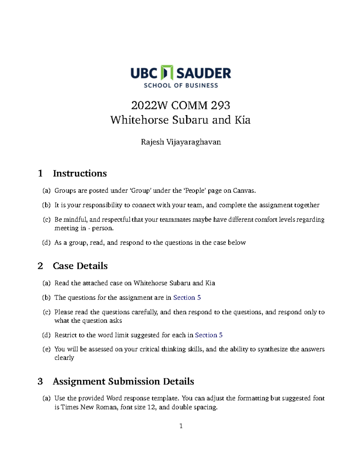 COMM293 Assignment - 2022W COMM 293 Whitehorse Subaru and Kia Rajesh Vijayaraghavan 1 ...