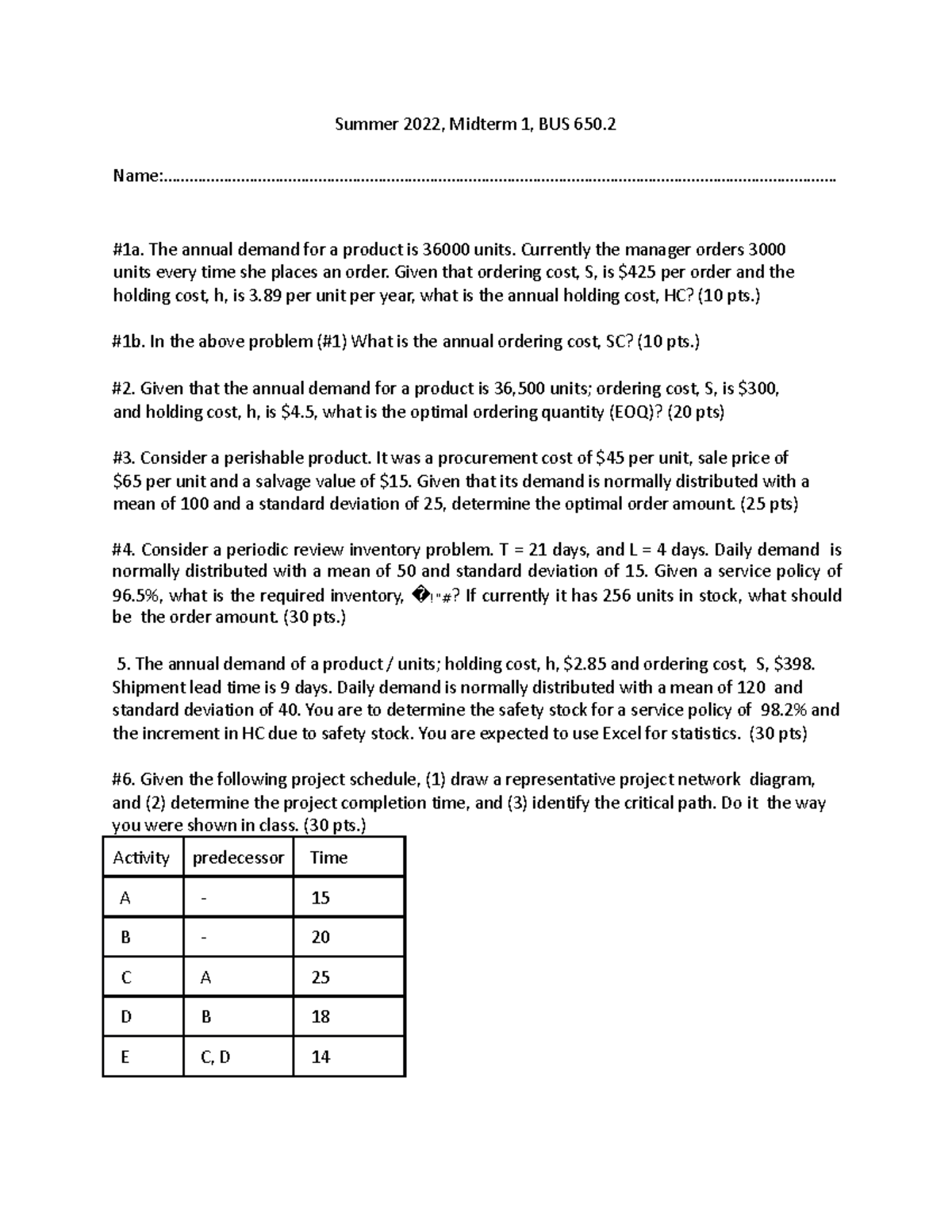EMB650.1-Summer 2022-midterm 1 - Summer 2022, Midterm 1, BUS 650. - Studocu