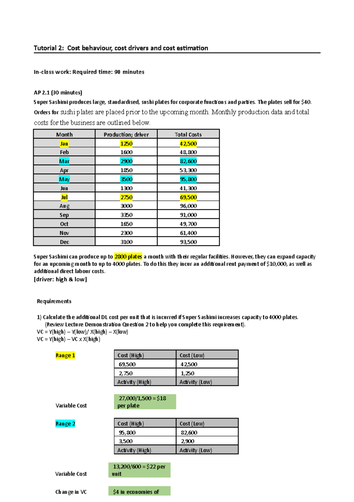 CMS Tutorial 2 In-class -2 - Tutorial 2: Cost behaviour, cost drivers ...