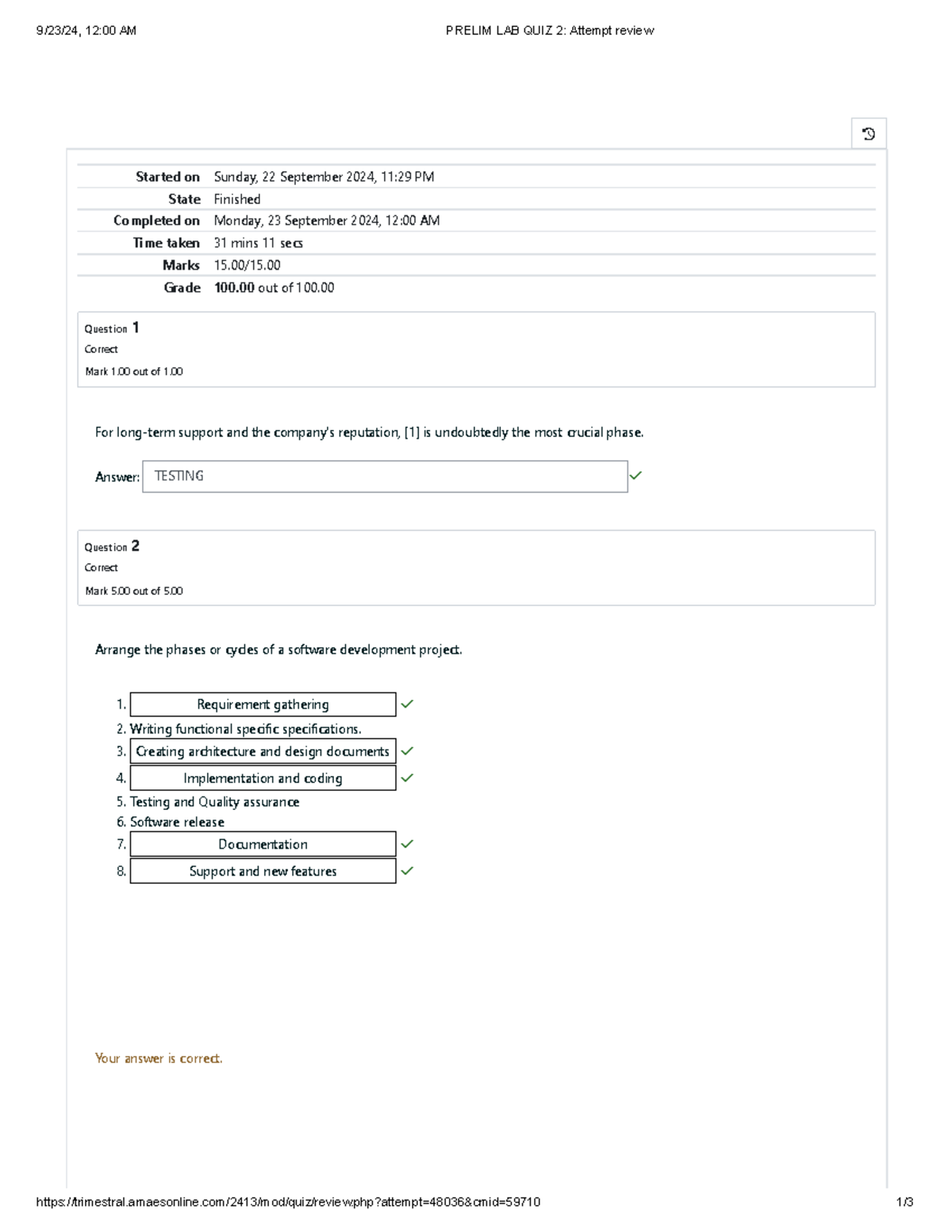 Software engineering 1 prelim quiz 2 LAB - Started on Sunday, 22 September 2024, 11:29 PM State ...