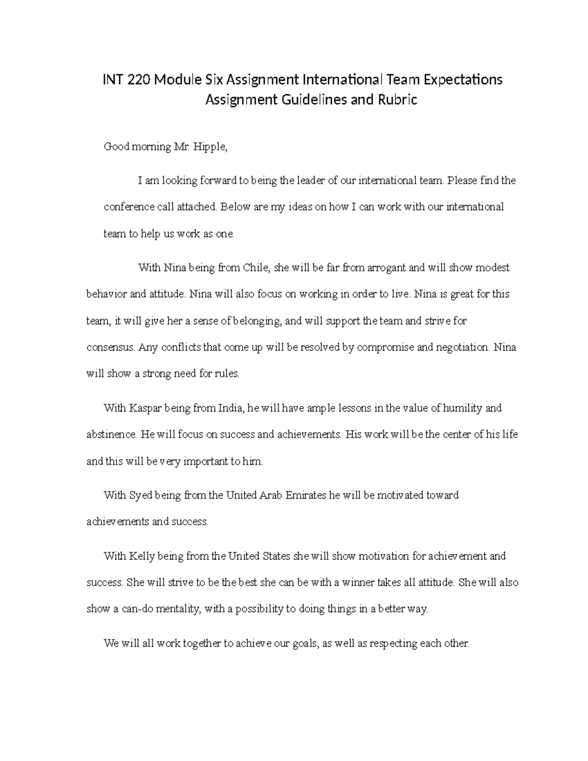 INT 220 Module Six Assignment International Team Expectations Assignment Guidelines and Rubric ...
