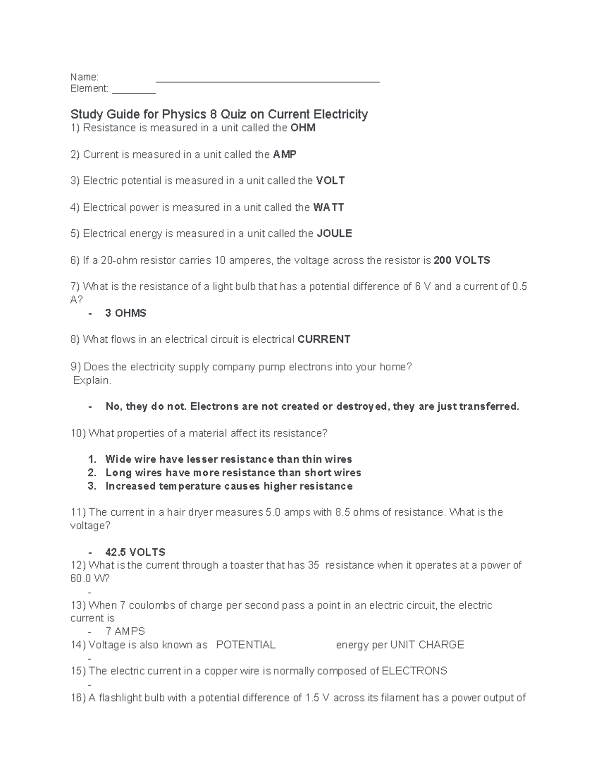 Physics Study Guide - Name ...