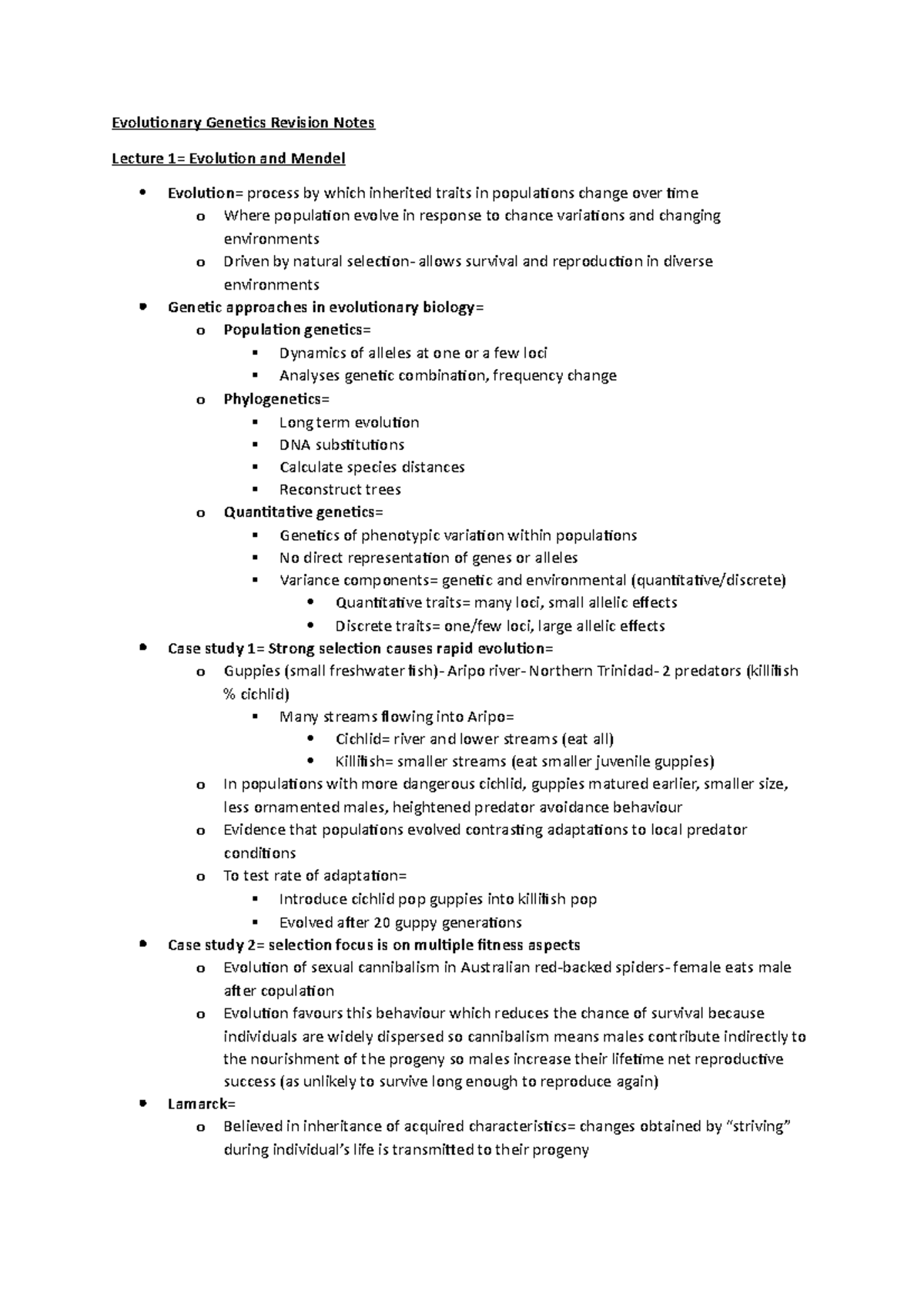 Evolutionary Genetics Revision Notes - Evolutionary Genetics Revision ...