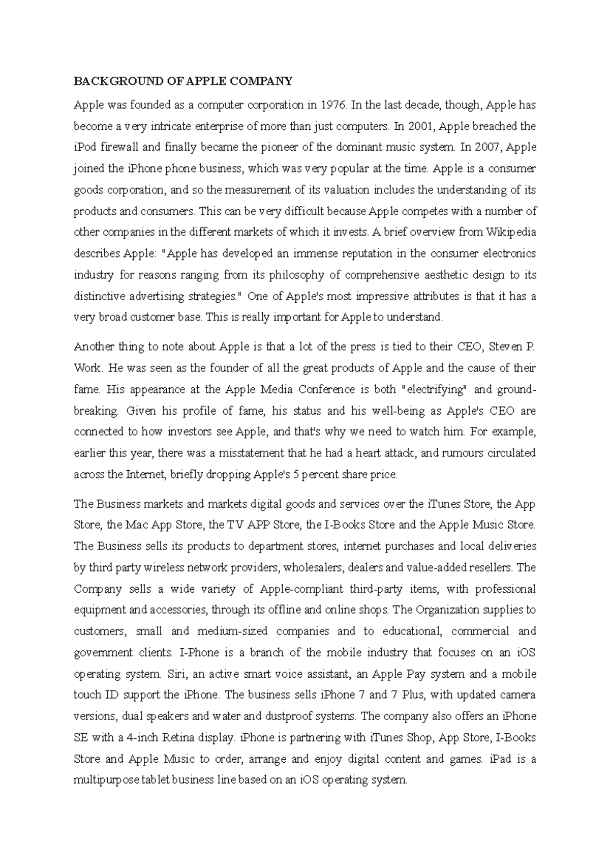 Apple INC MGT345 - assgnment - BACKGROUND OF APPLE COMPANY Apple was ...