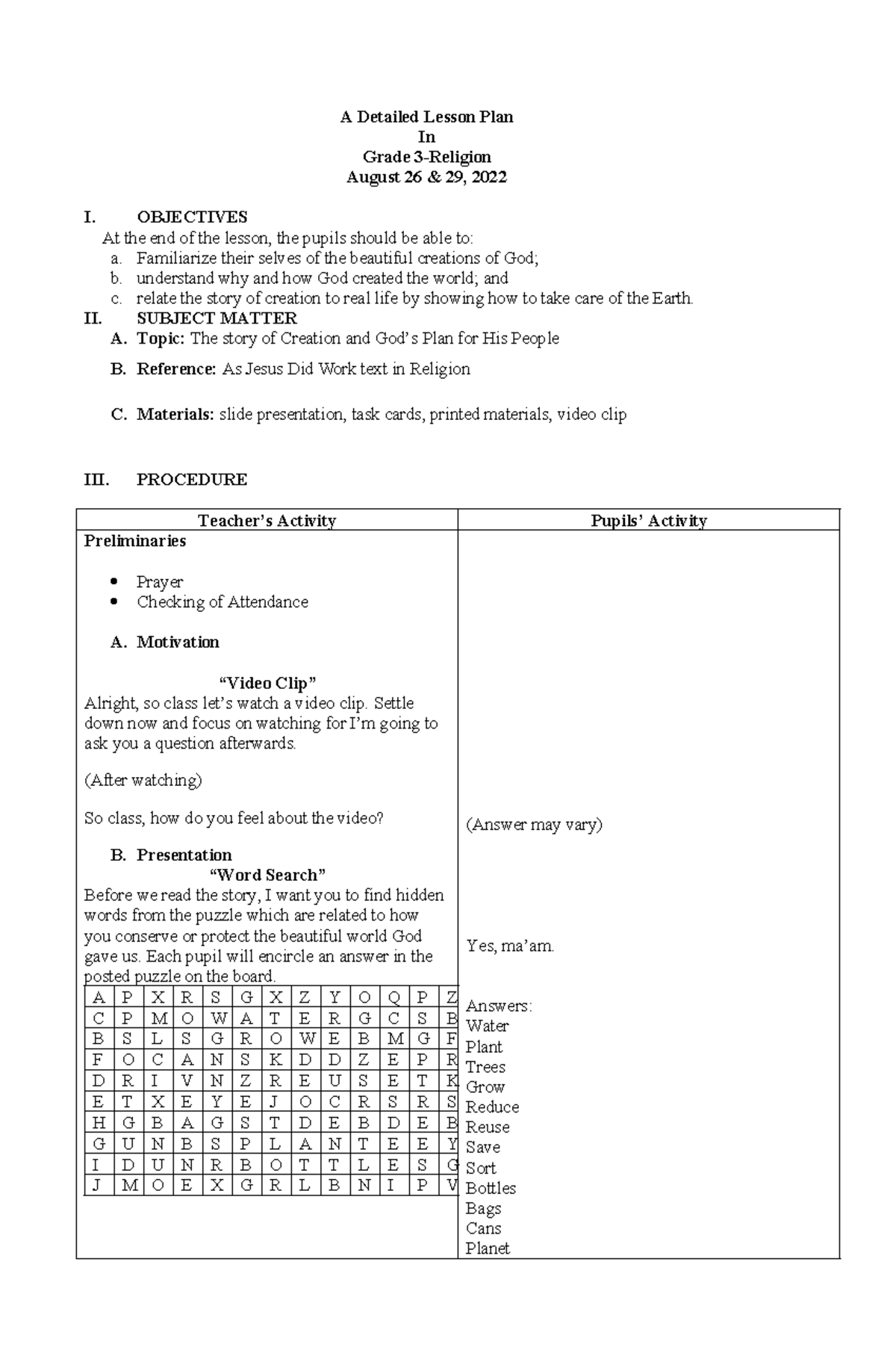 A Detailed Lesson Plan - A Detailed Lesson Plan In Grade 3-Religion ...