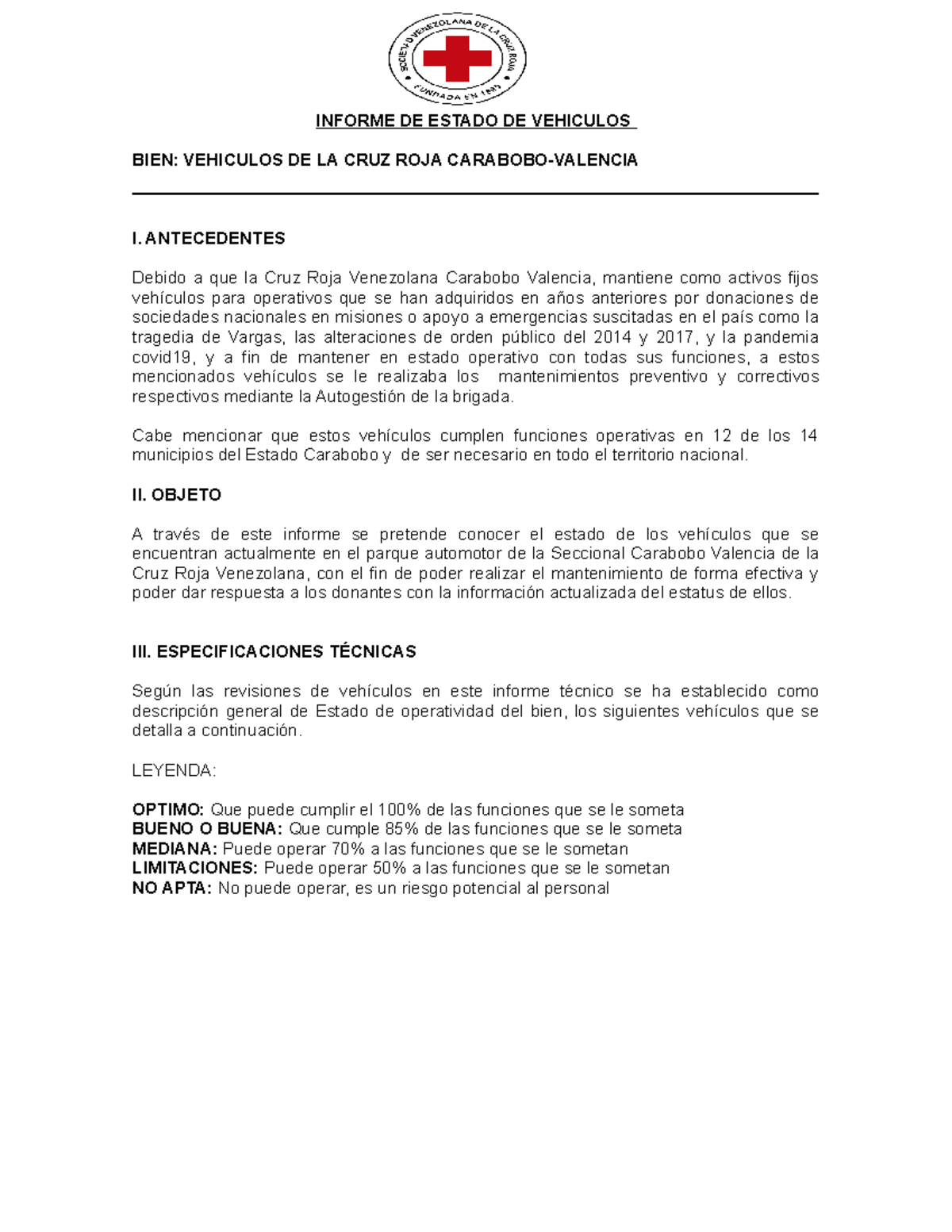 Informe DE Estado DE Vehiculos - INFORME DE ESTADO DE VEHICULOS BIEN ...