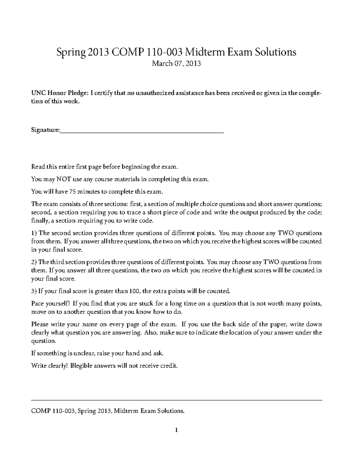 Midterm Solution Oop Spring 2013 Comp 110 003 Midterm Exam Solutions March 07 2013 Unc