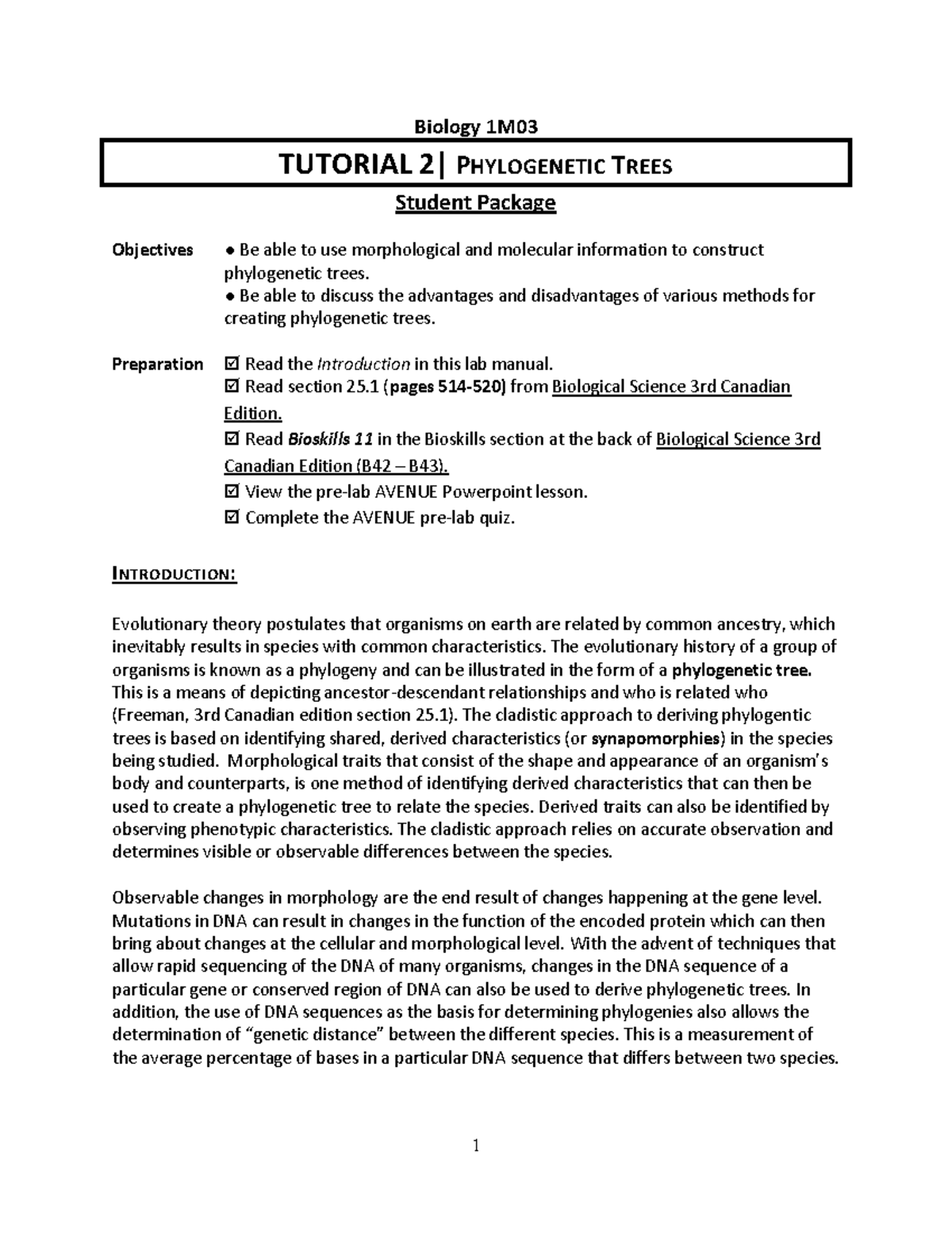 Tutorial 2 Student Guide Phylogenetic Trees Summer 2020 - Biology 1M TUTORIAL 2| PHYLOGENETIC ...