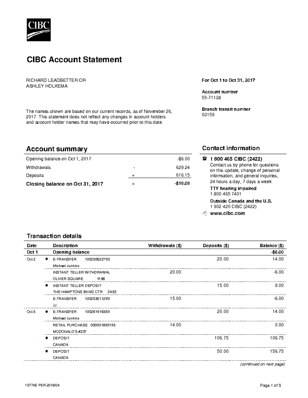 Account Statement - please only for practice - CIBC Account Statement ...