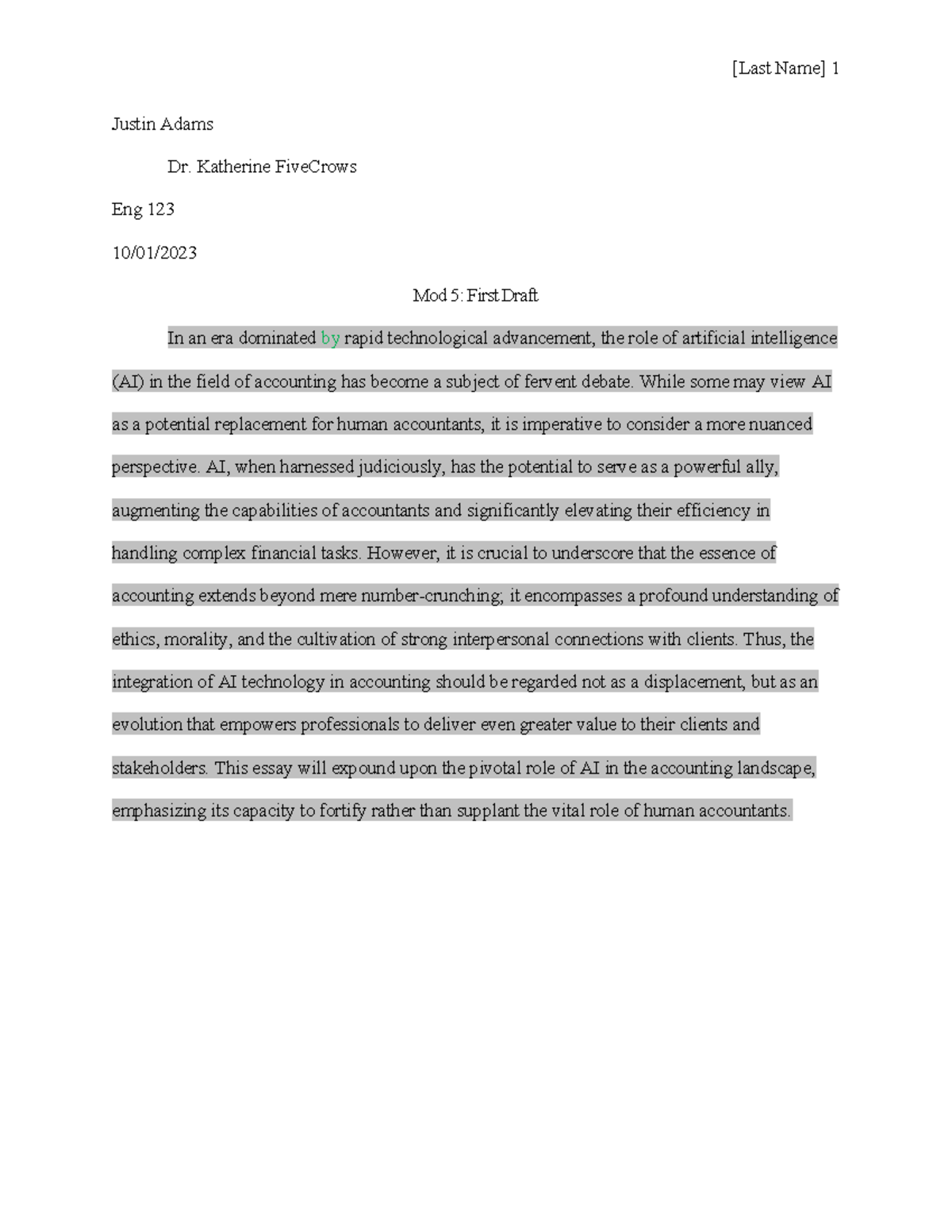 123+draft - Eng 123 Final project essay - [Last Name] 1 Justin Adams Dr ...
