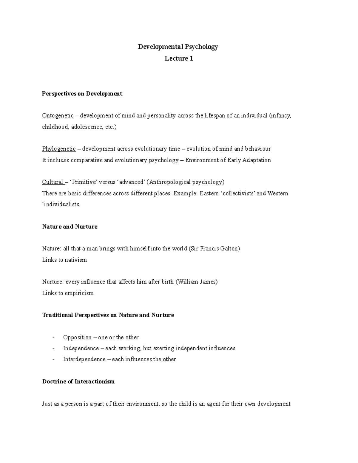 Psych 101 - developmental - Developmental Psychology Lecture 1 ...