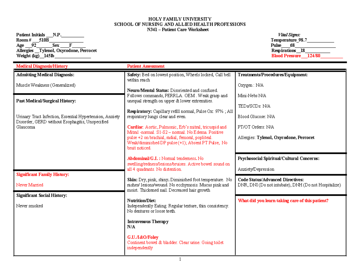 NUFT341 Patient Care Worksheet - N - HOLY FAMILY UNIVERSITY SCHOOL OF ...