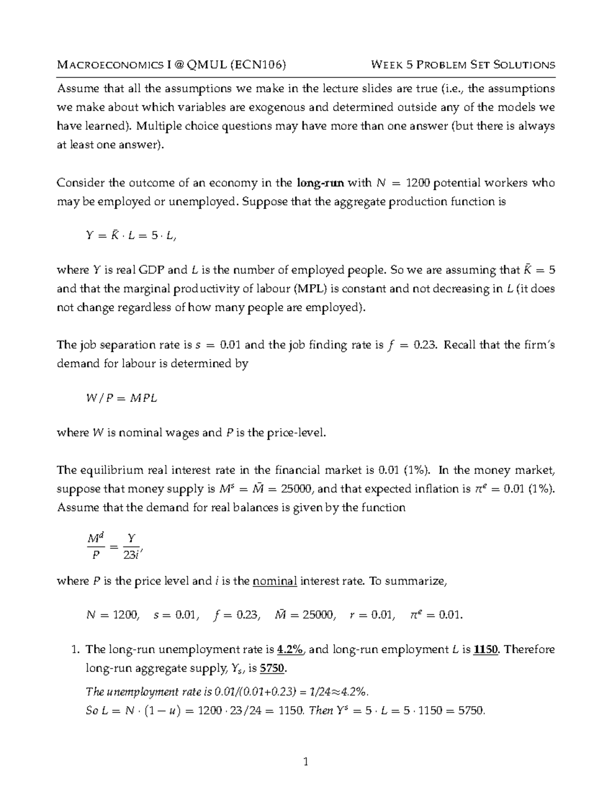 Week5PS sol - MACROECONOMICSI @ QMUL (ECN106) WEEK5 PROBLEMSETSOLUTIONS ...