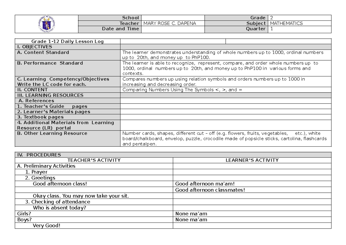DLP English format-Math - School Grade 2 Teacher MARY ROSE C. DAPENA ...