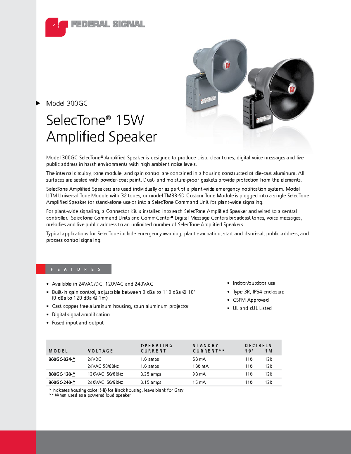 Selec Tone® 15W Amplified Speaker Data Sheet S2195 - N u m - b e r Model 300GC SelecTone ...