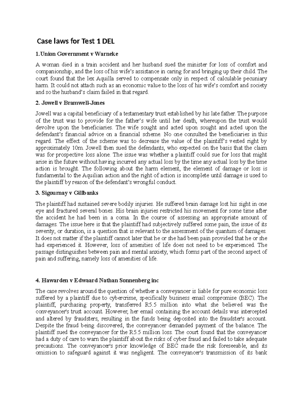 Case laws for Test 1 DEL - Summary Law of Delict - Case laws for Test 1 ...