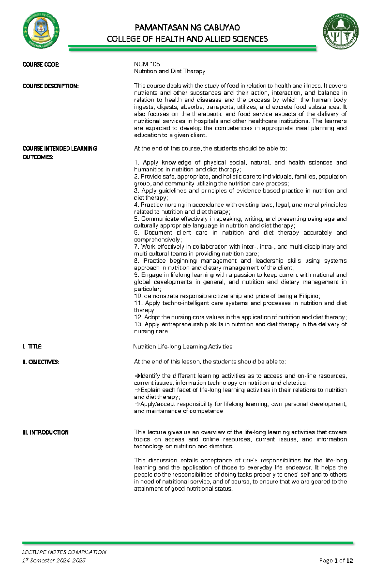 Learn MAT NCM 105 LEC Toipc Nutrition LIFE-LONG Learning Activities ...