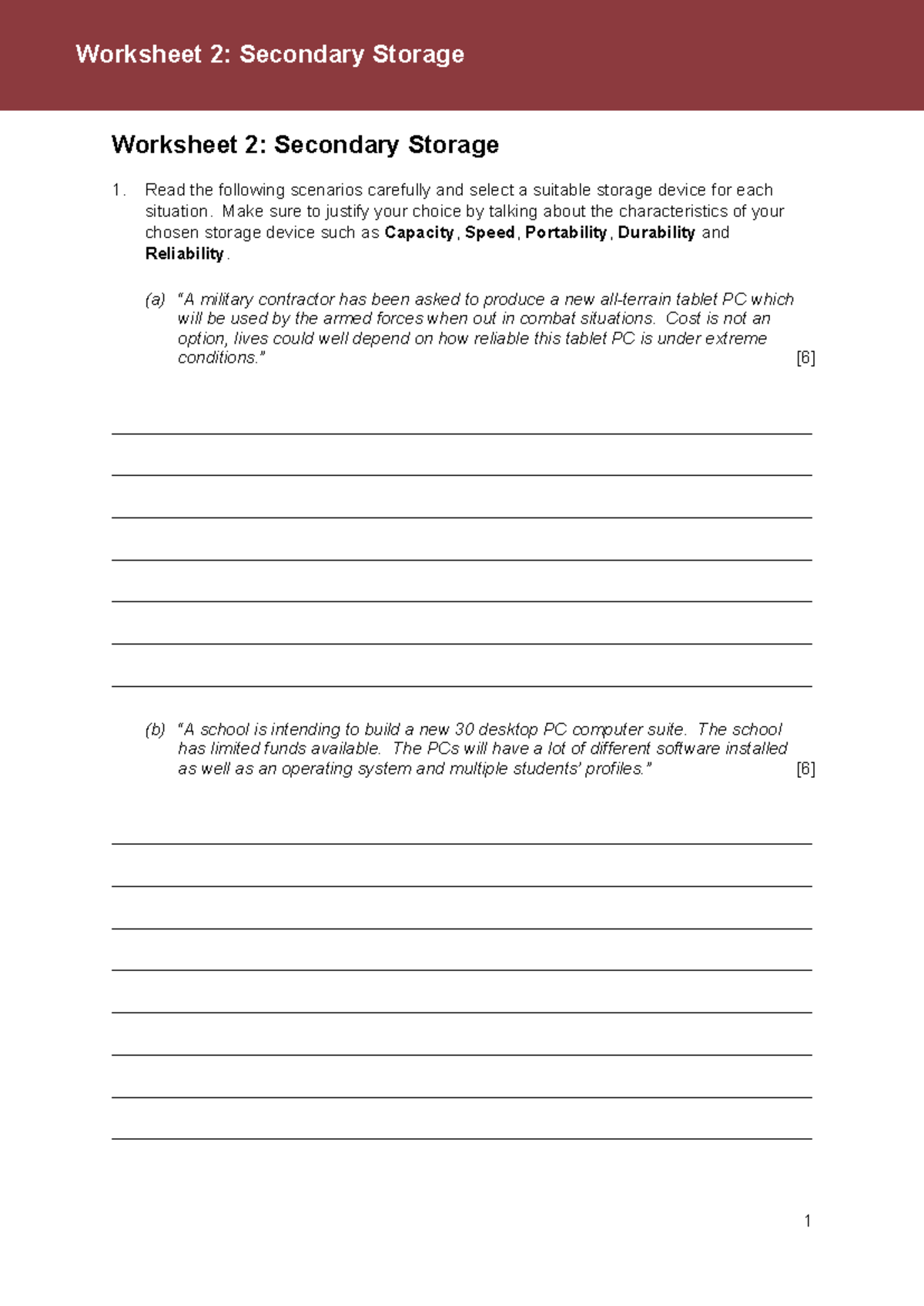 Worksheet 1.2 - Secondary Storage - Worksheet 2: Secondary Storage ...