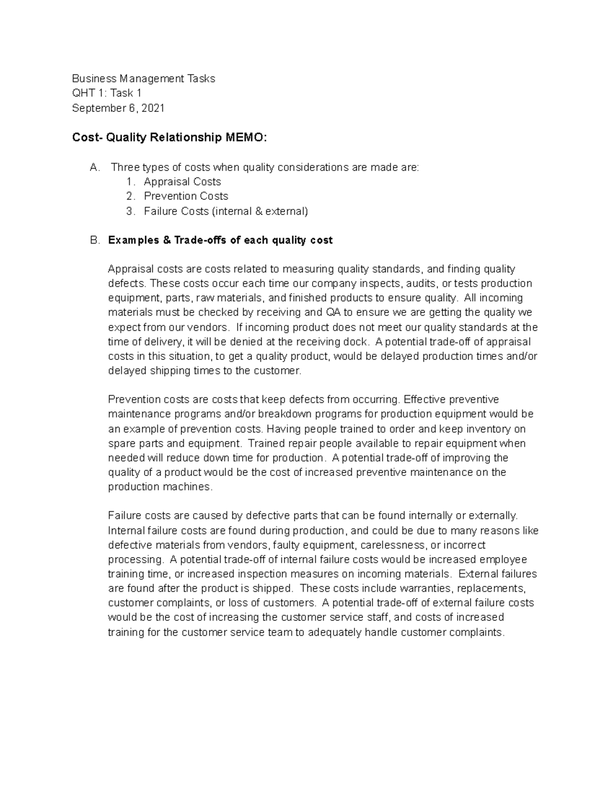 QHT1 task one Business Management tasks. - Business Management Tasks ...