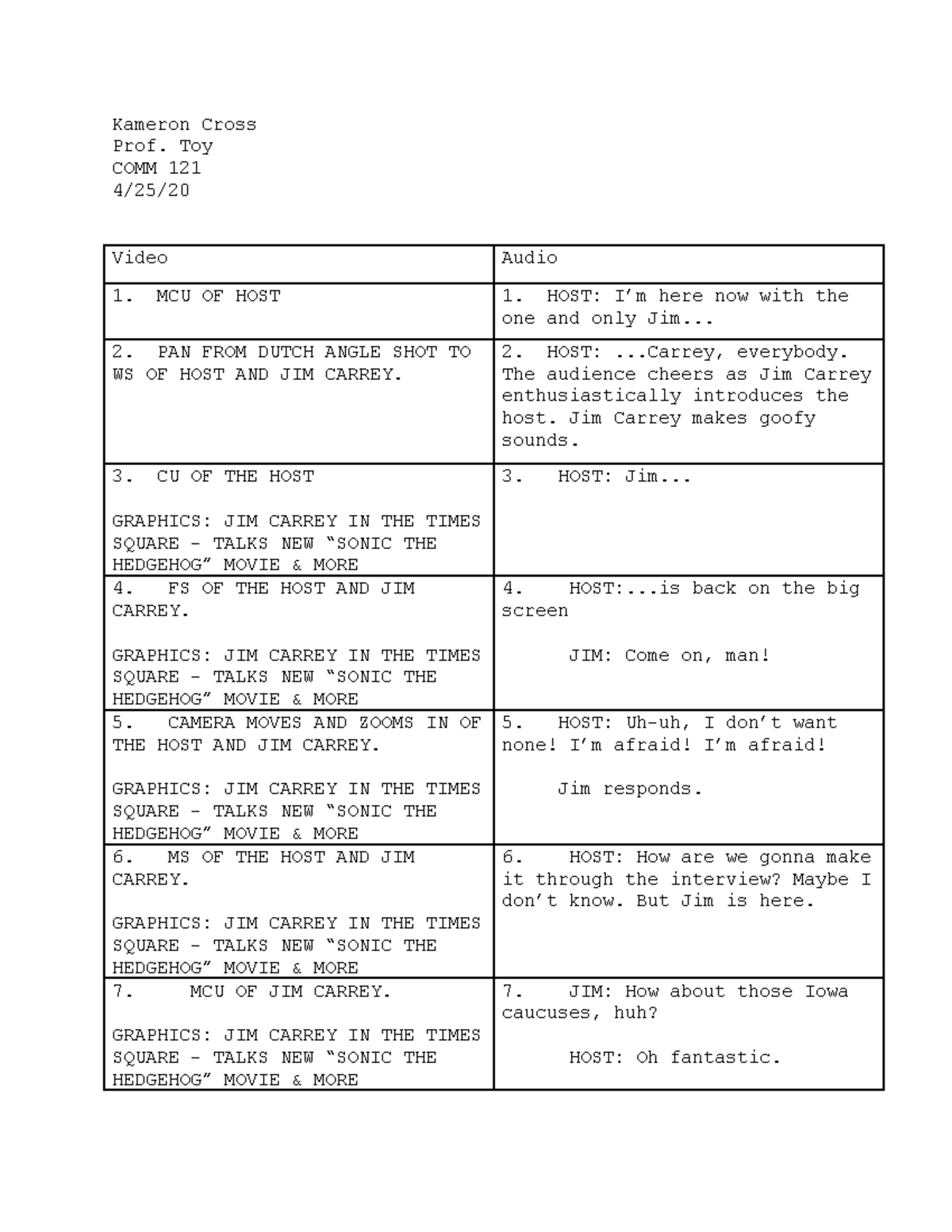 Multi-CAM Interview Script - Kameron Cross Prof. Toy COMM 121 4/25 ...