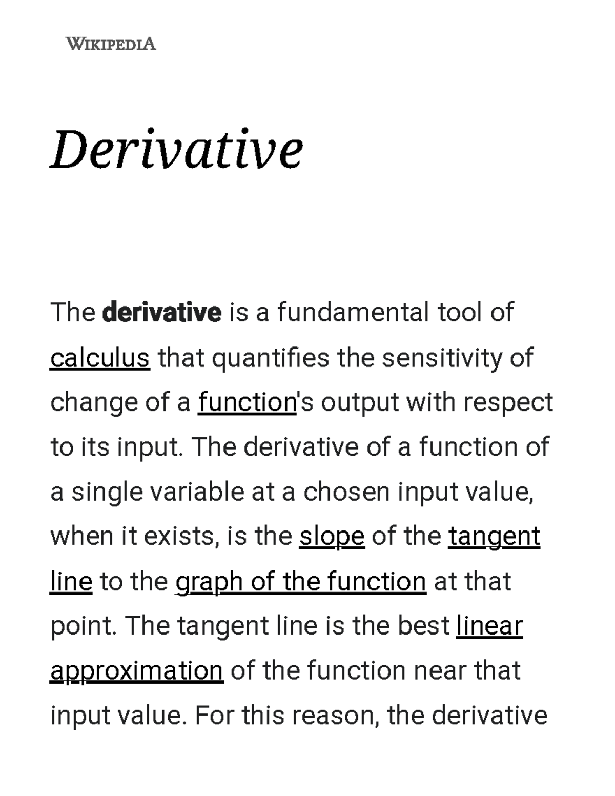 Derivative - Wikipedia - Derivative The derivative is a fundamental ...