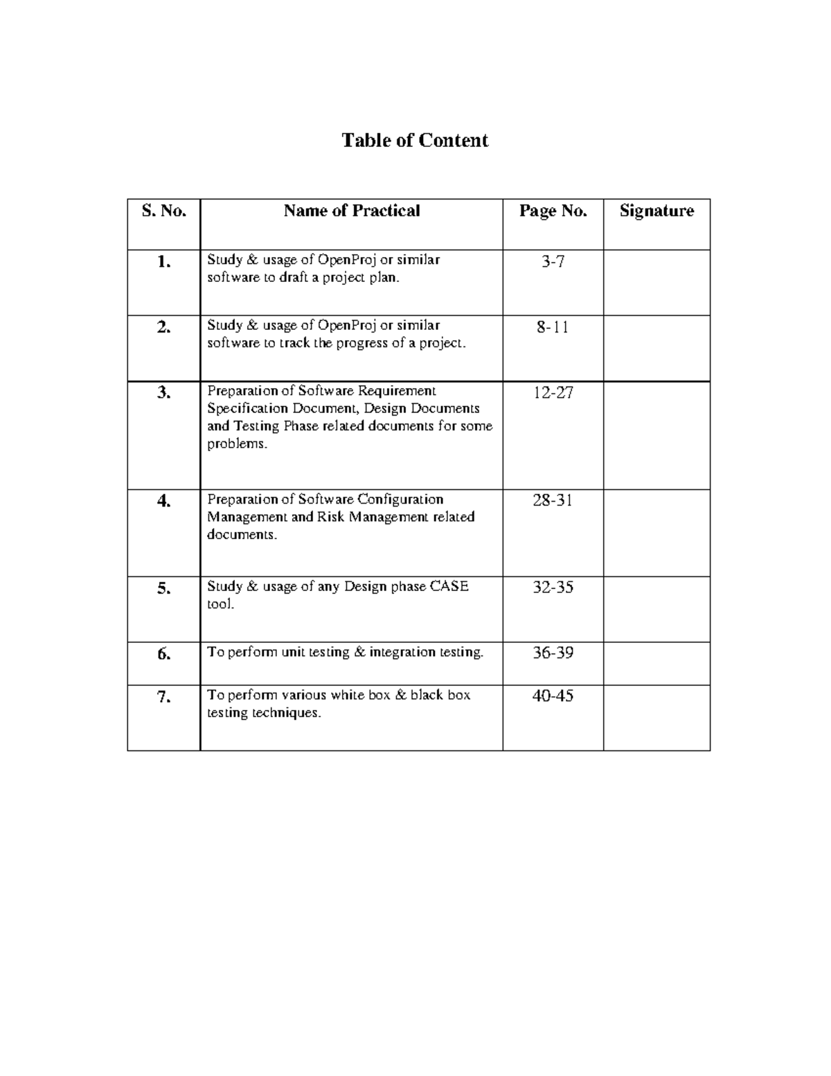 SE Lab File - Table of Content S. No. Name of Practical Page No ...