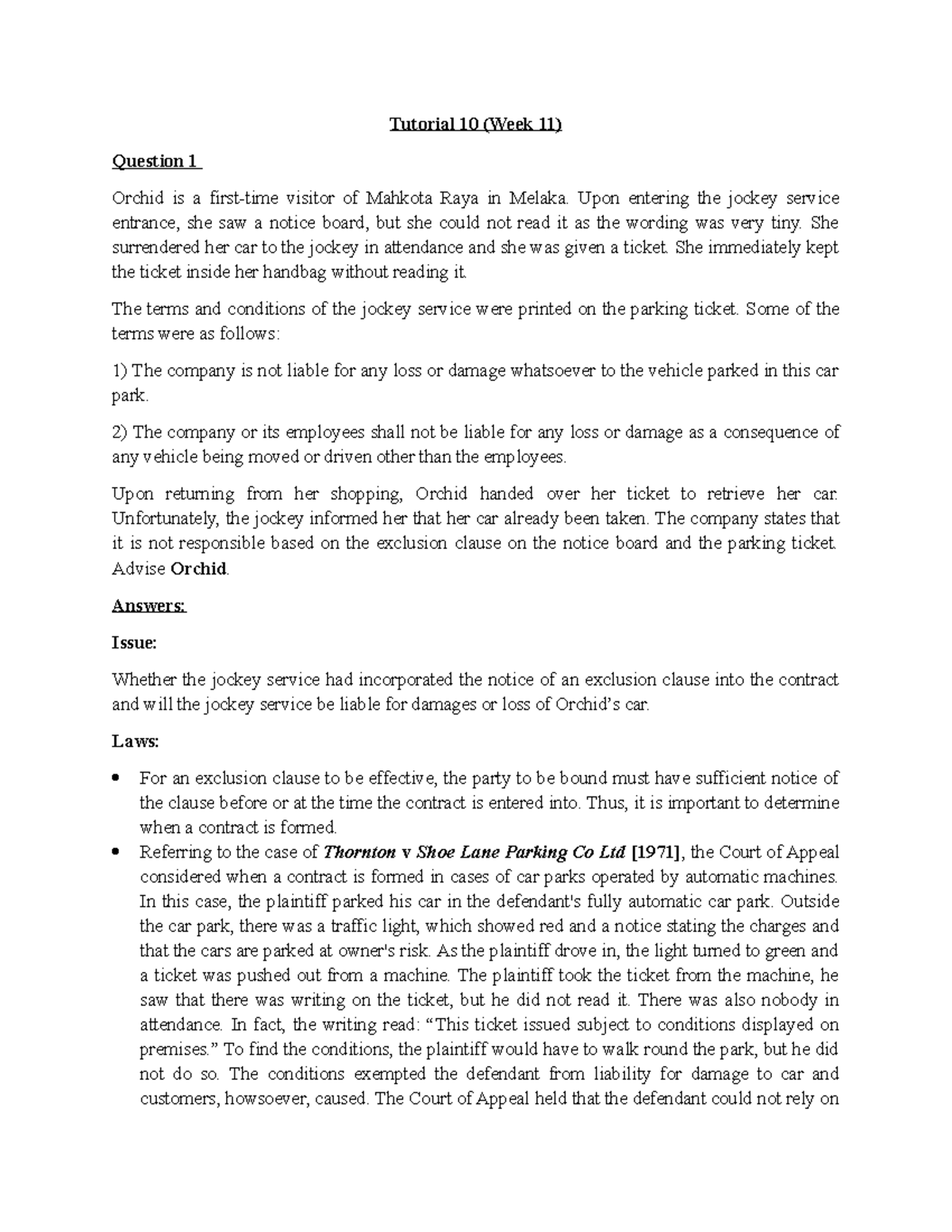 389674 Tutorial 10 (Week 11) - Contract Law I - MMU - Studocu