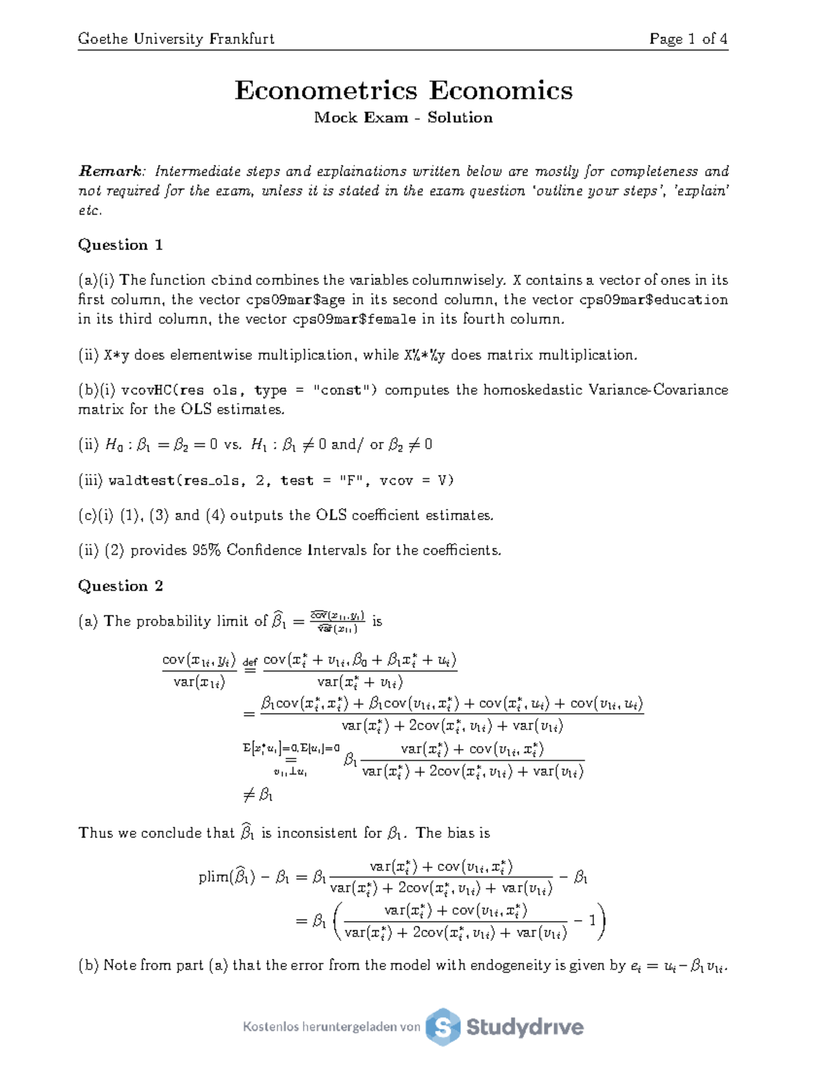 BOEE Mock Exam - Solution - SS23 - Econometrics Economics Mock Exam - Solution Remark ...