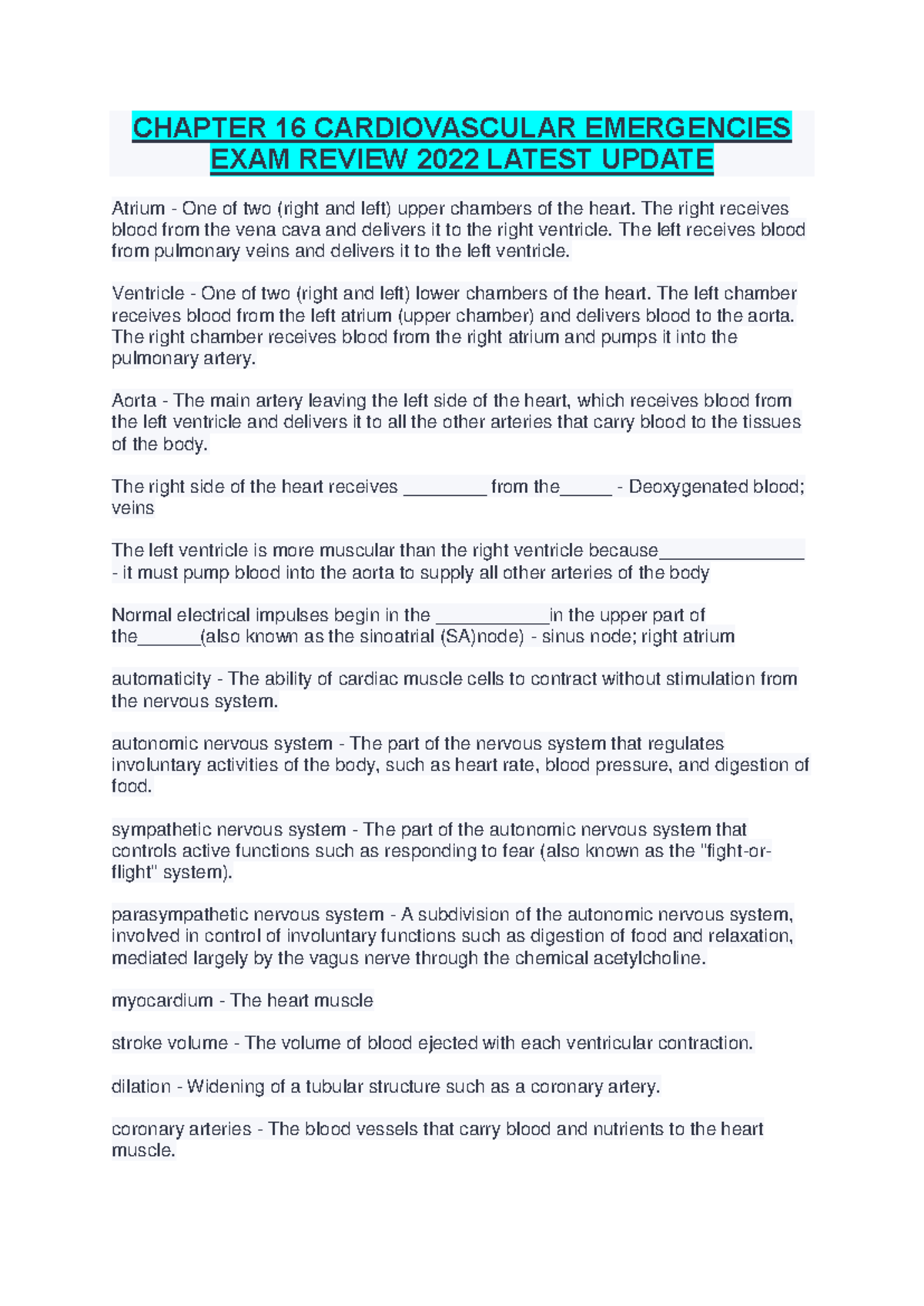 Chapter 16 Cardiovascular Emergencies EXAM Review 2022 Latest Update ...