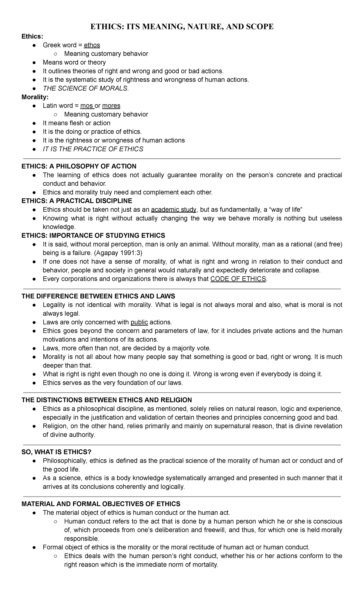 Chapter 1 Ethics - ETHICS: ITS MEANING, NATURE, AND SCOPE Ethics: Greek ...