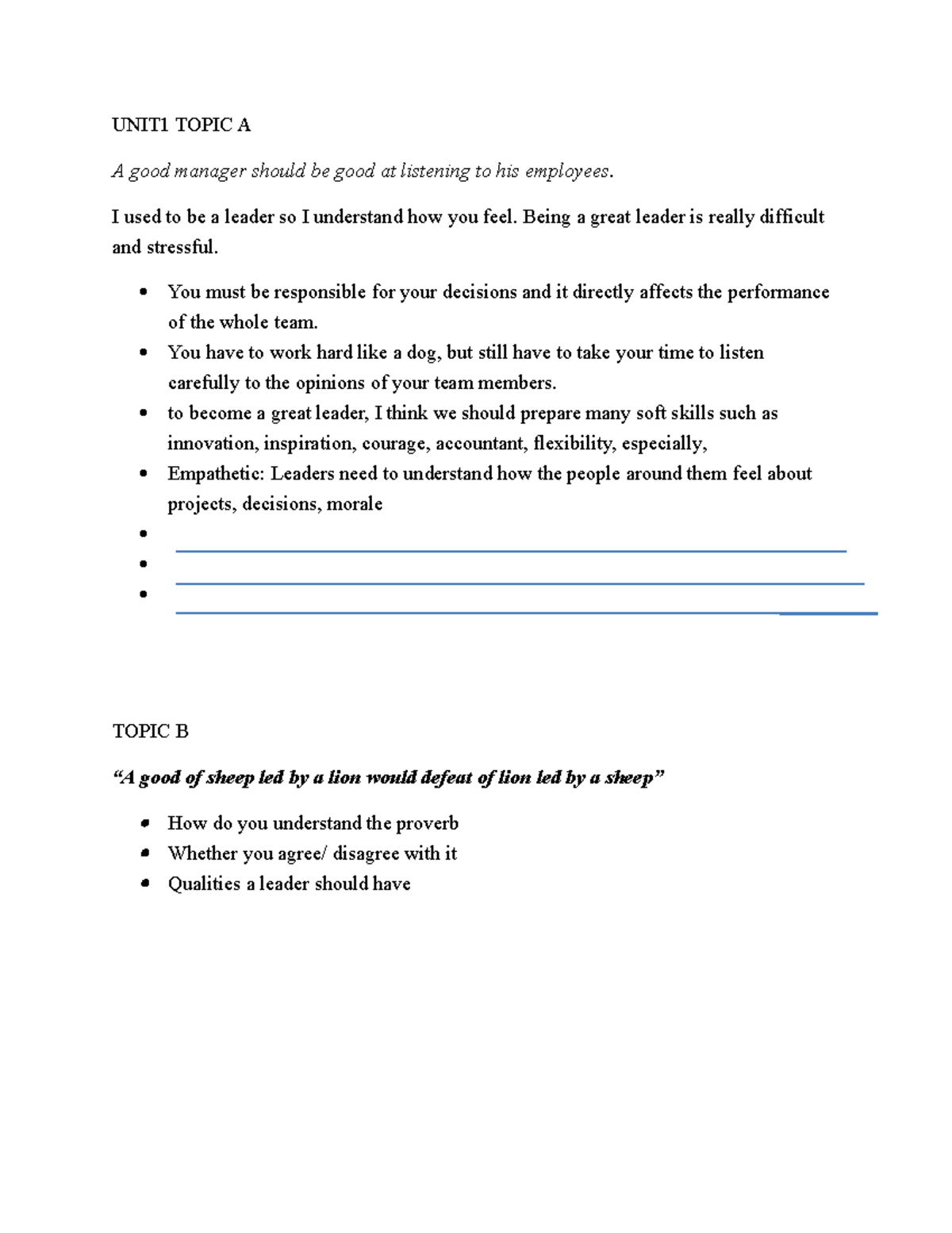 Topic CUỐI KÌ I Listening AND Speaking - UNIT1 TOPIC A A good manager ...