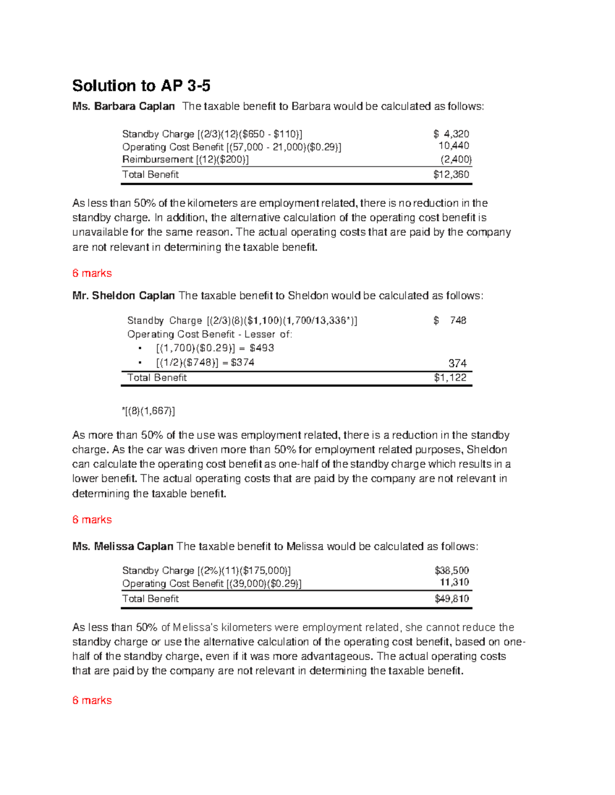 Chapter 3 Assignment Solution - Solution to AP 3- Ms. Barbara Caplan The taxable benefit to ...