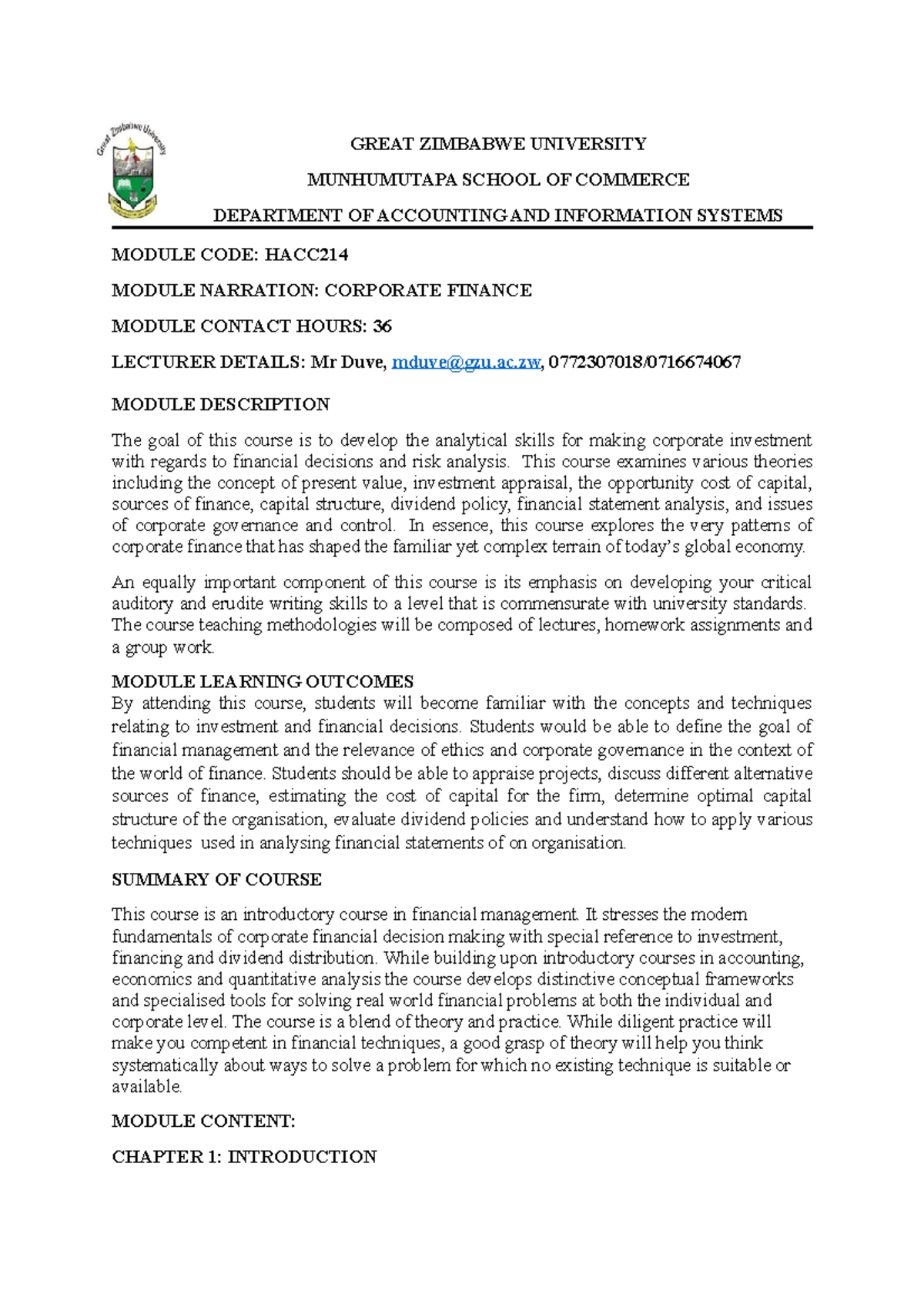 Corporate Finance Course Outline and - distinctive financial reporting ...