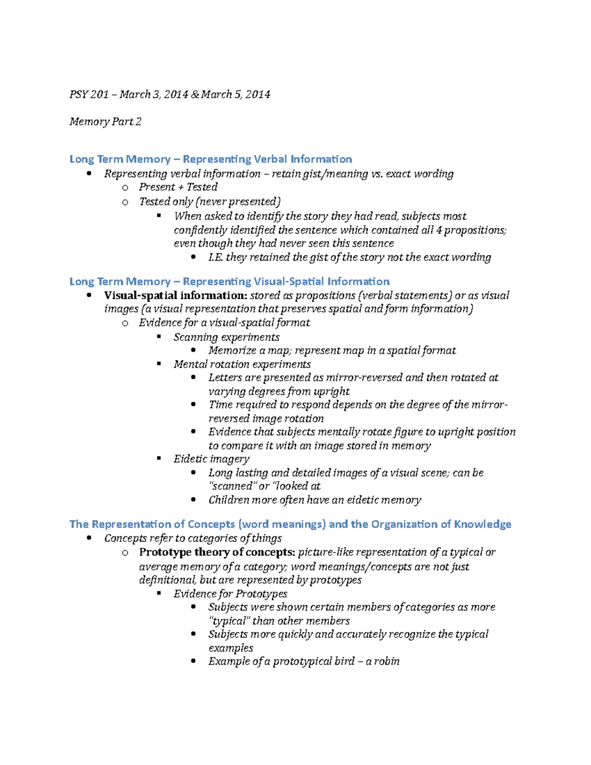 PSY 201 – March 3 - Long term Memory - PSY 201 – March 3, 2014 & March ...