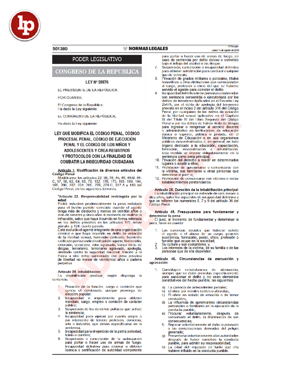 Ley-30076-LPDerecho - LEY DE MODIFICACION CODIGO PENAL - Derecho Penal : Parte General I - Studocu