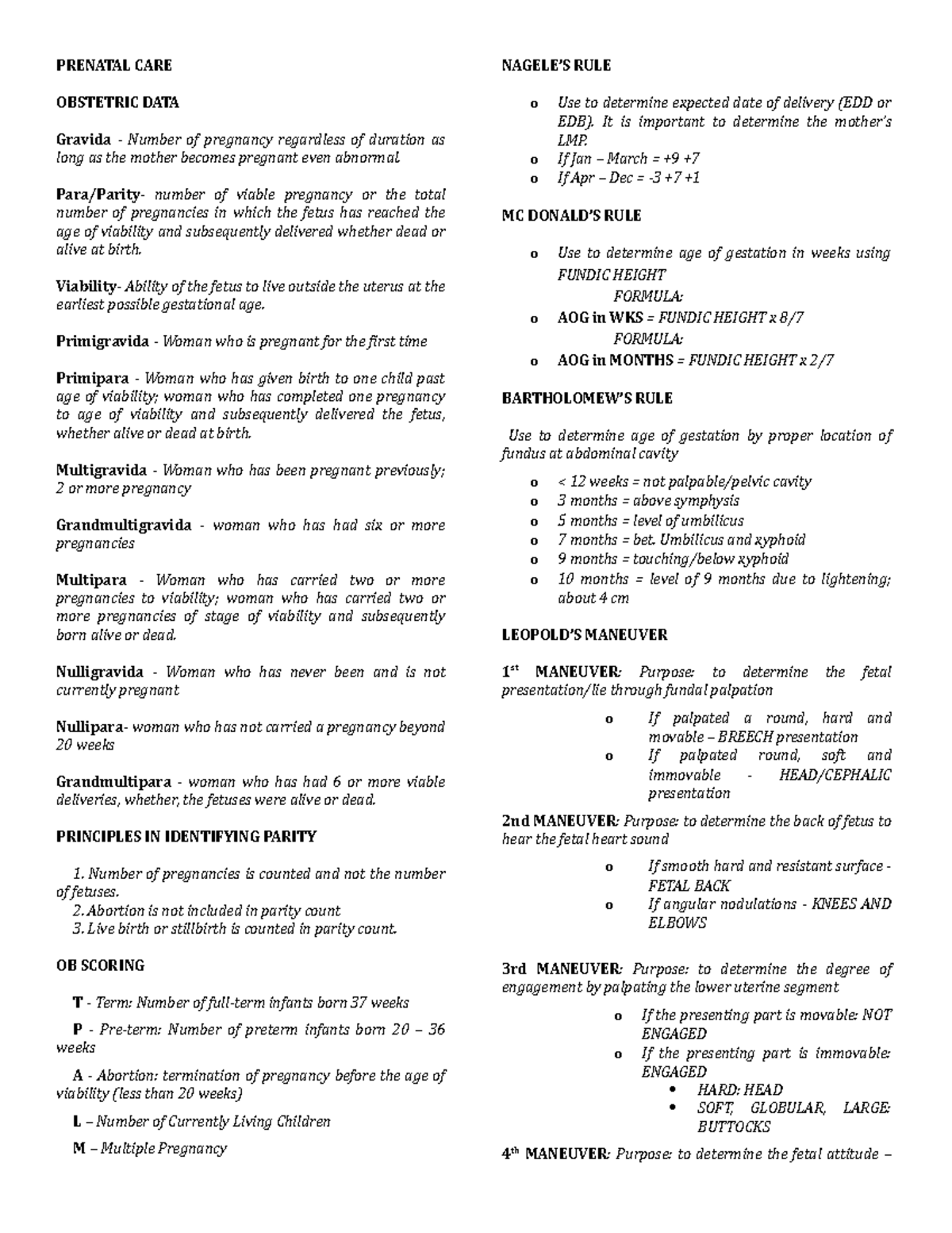 Course UNIT WEEK 5 - modules - PRENATAL CARE OBSTETRIC DATA Gravida ...