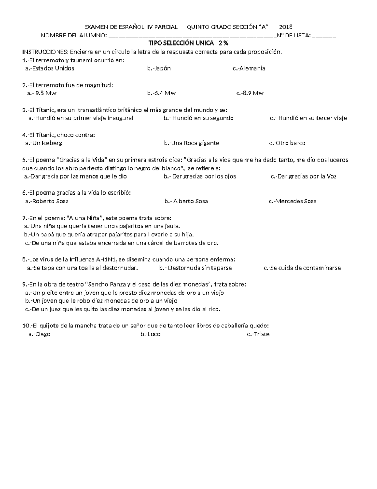 Examen DE Español IV Parcial Quinto Grado 2018 - EXAMEN DE ESPAÑOL IV ...